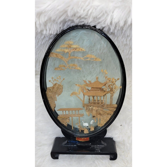 Accents | Vintage Chinese Cork Wood Diorama Oval Glass Original Sticker ...
